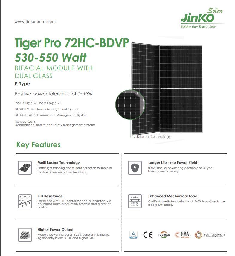 Jinko Tiger PRO 72hc-Bdvp 535/540/545/555 Watt Bifacial Module P-Type Solar Panel